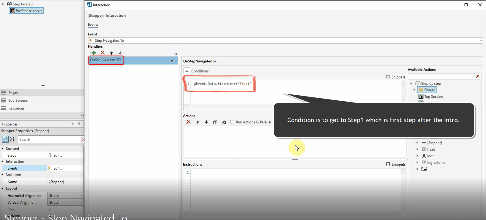 How To use Step Navigated To Event in Stepper | Profitbase Docs
